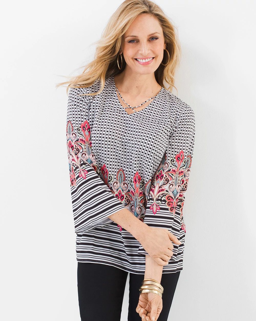 Mixed-Print Criss-Cross V-Neck Top | Chico's