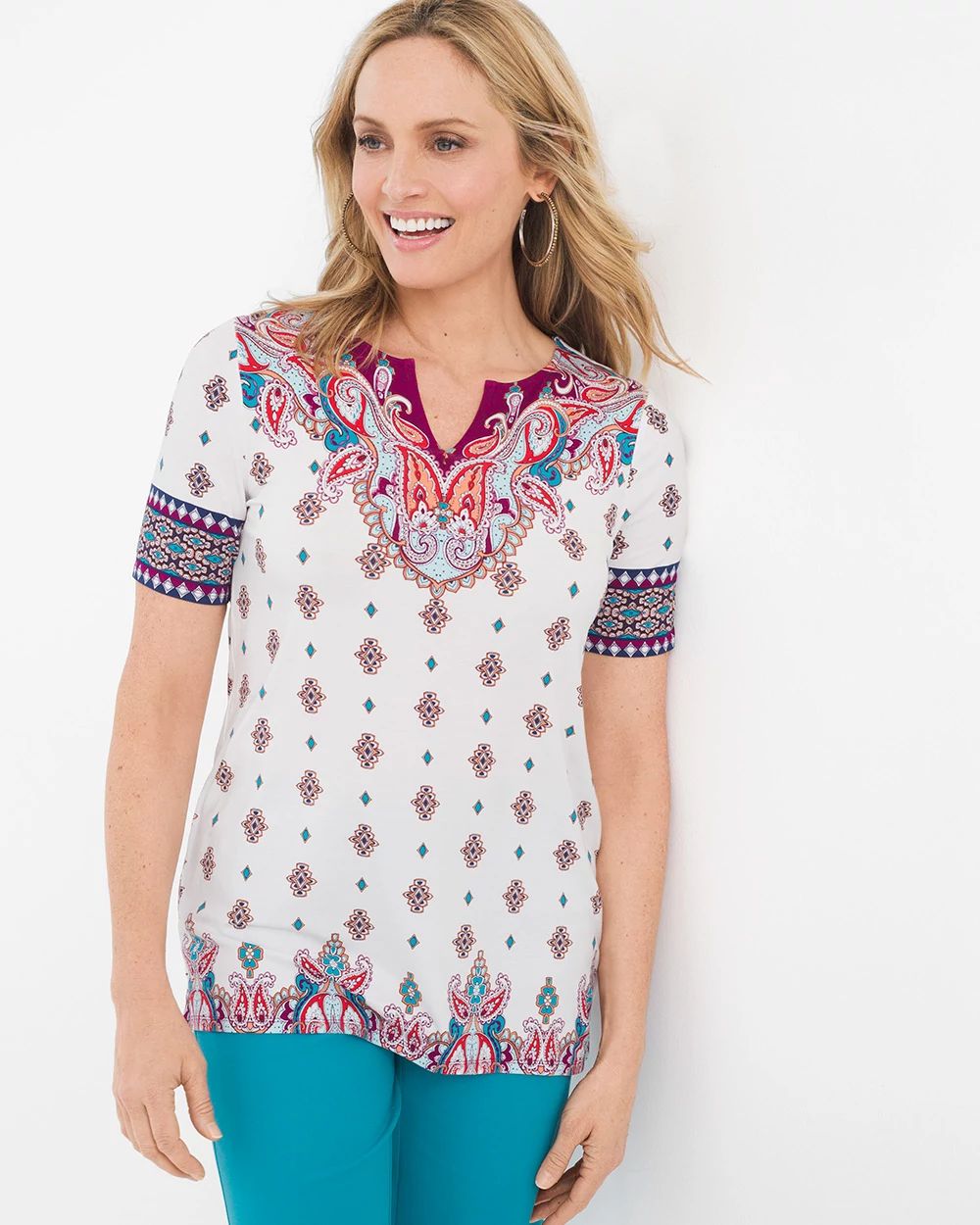 Mixed-Print Split-Neck Tee | Chico's